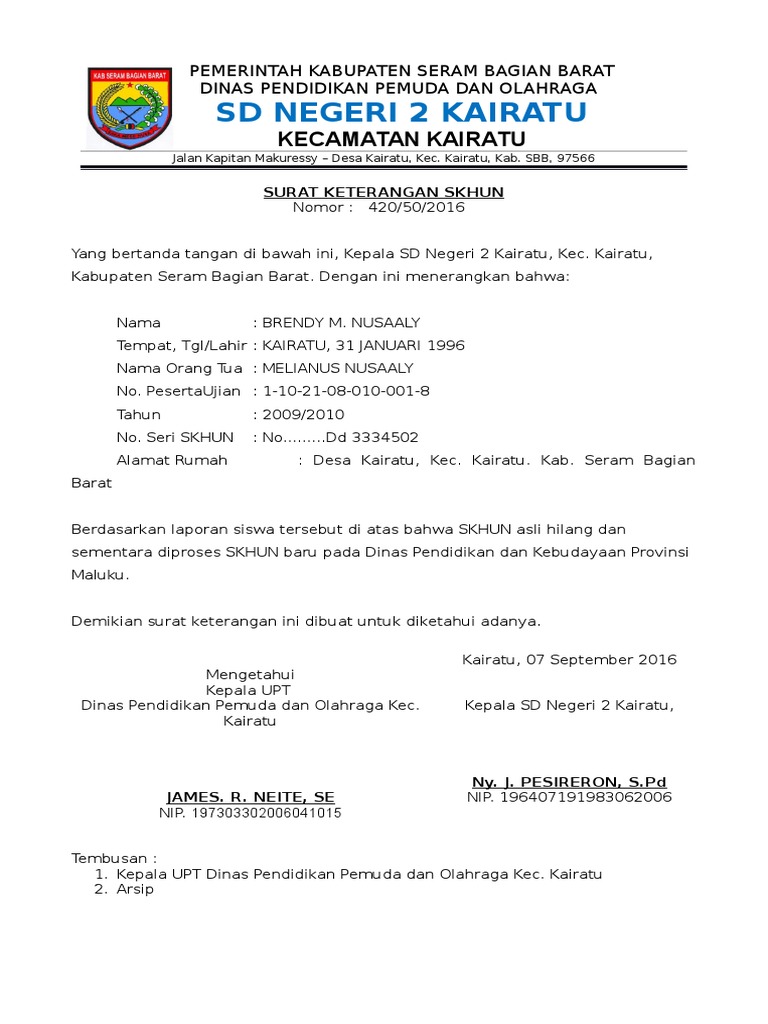 Surat Keterangan SKHUN Hilang SD | PDF