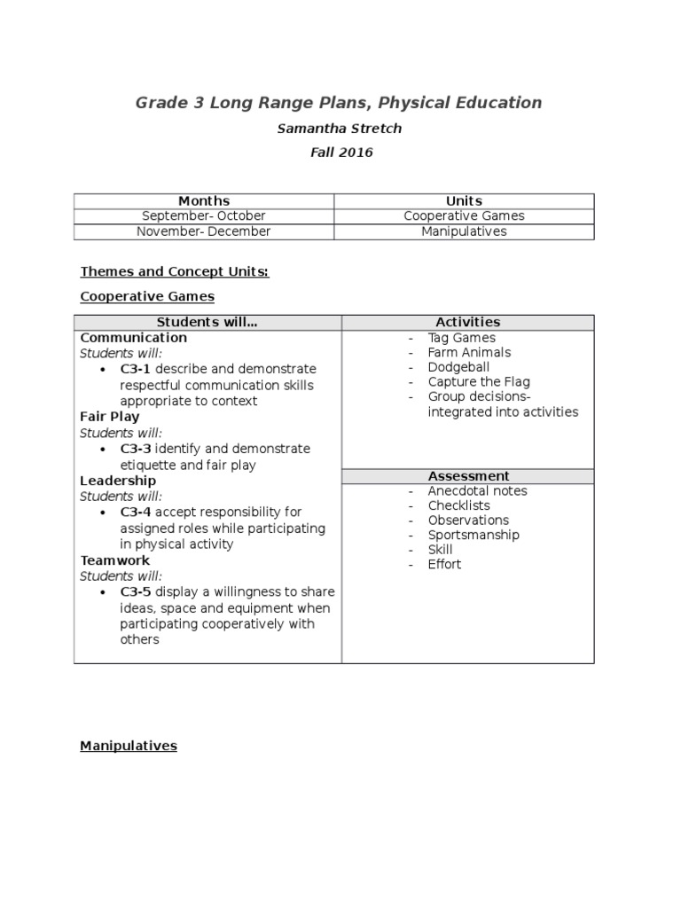 Grade 3 Long Range Plans, Physical Education: Samantha Stretch Fall ...