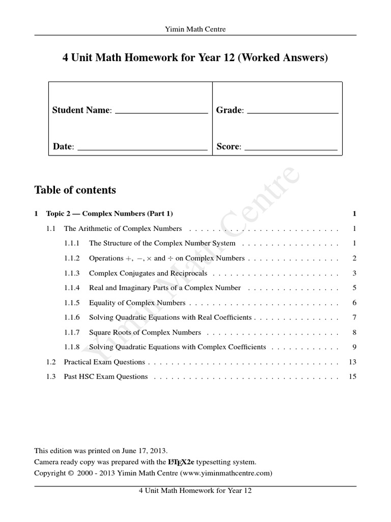 Math Centre: 4 Unit Math Homework For Year 12 (Worked Answers) | PDF ...