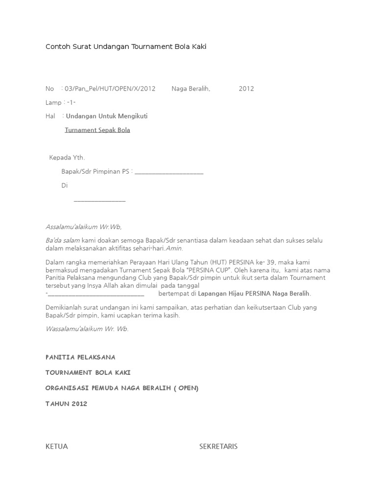 Contoh Surat Undangan Tournament Bola Kaki | PDF