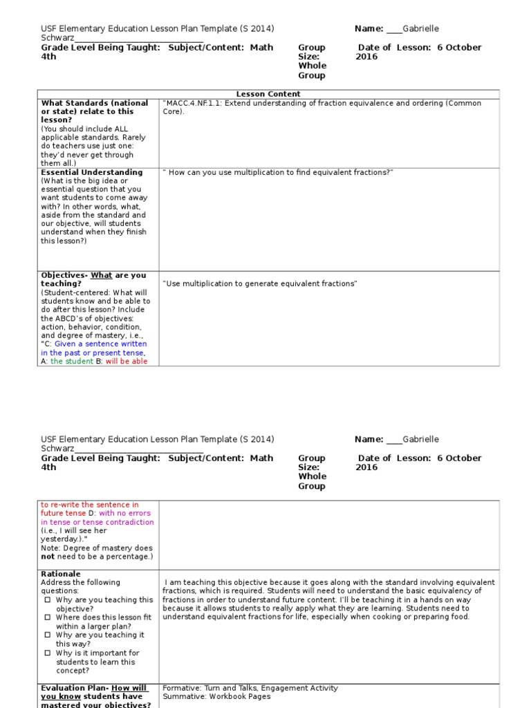 USF Elementary Education Lesson Plan Template (S 2014) Schwarz | PDF ...