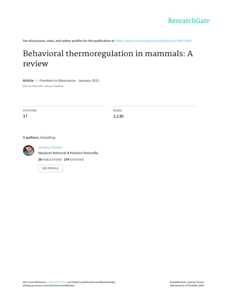 Behavioral Thermoregulation in Mammals A Review | PDF ...
