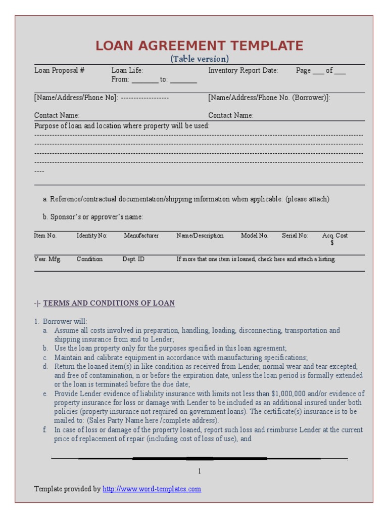Loan Agreement Template: (Table Version) | PDF | Loans | Indemnity