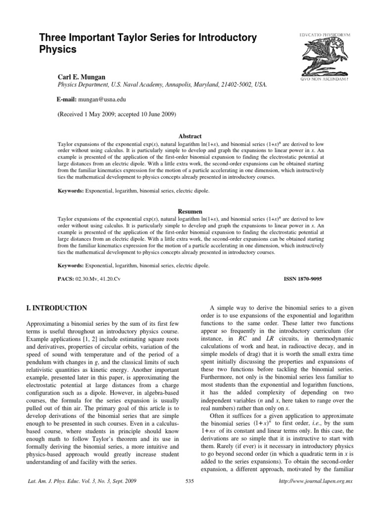 Three Important Taylor Series For Introductory Physics: Carl E. Mungan ...