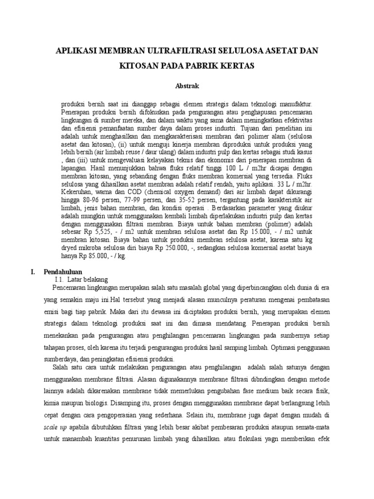 Aplikasi Membran Selulosa Asetat Dan Kitosan Pada Pabrik Kertas | PDF