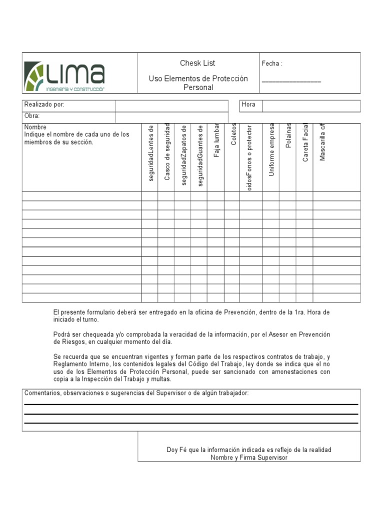 Check List Uso de Epp