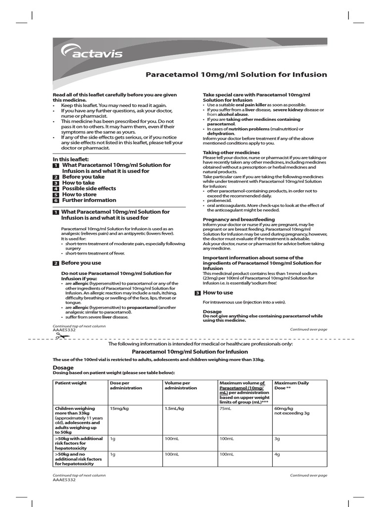 Paracetamol 10mg/ml Solution For Infusion PIL - UK | PDF | Intravenous ...