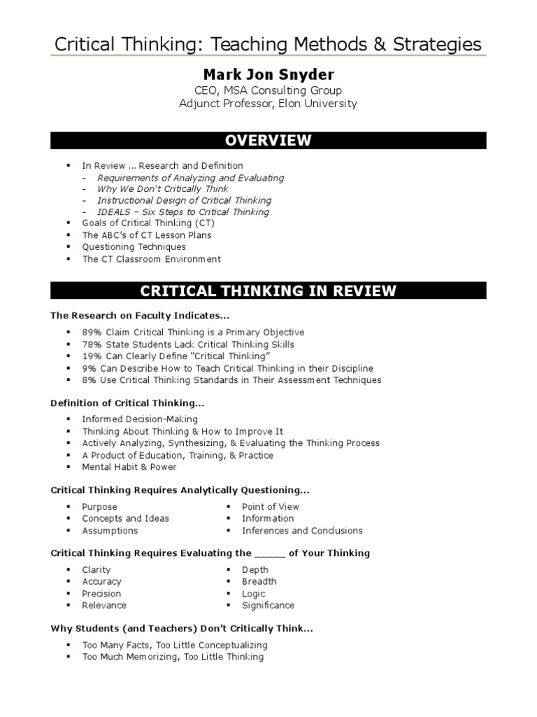 HANDOUT - Critical Thinking - Teaching Methods and Strategies | PDF ...