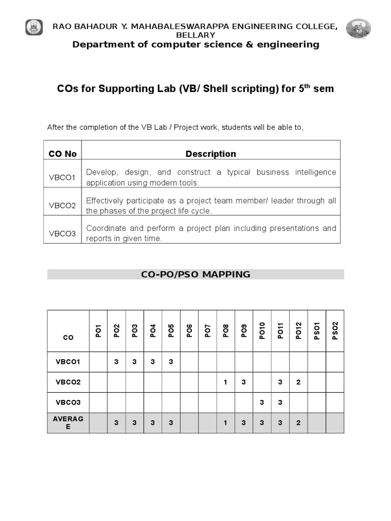Cos For Supporting Lab (VB/ Shell Scripting) For 5 Sem: Department of Computer Science ...