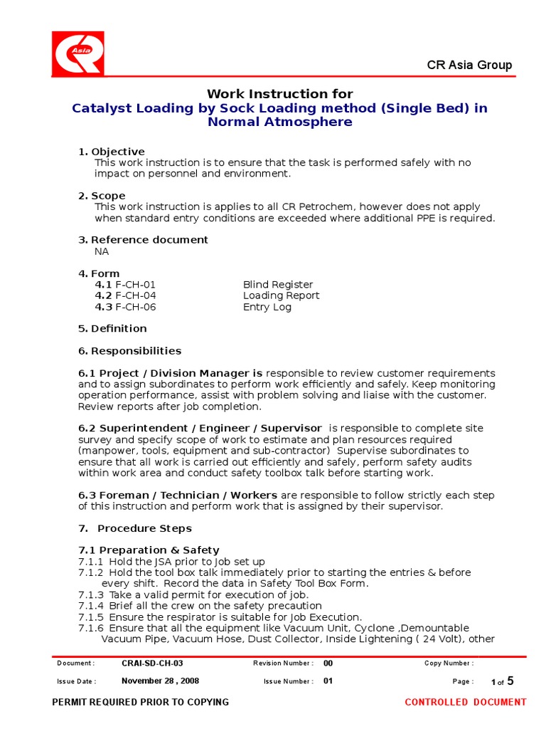 Catalyst Loading by Sock Method Single Bed Reactor Normal Atmosphere | PDF