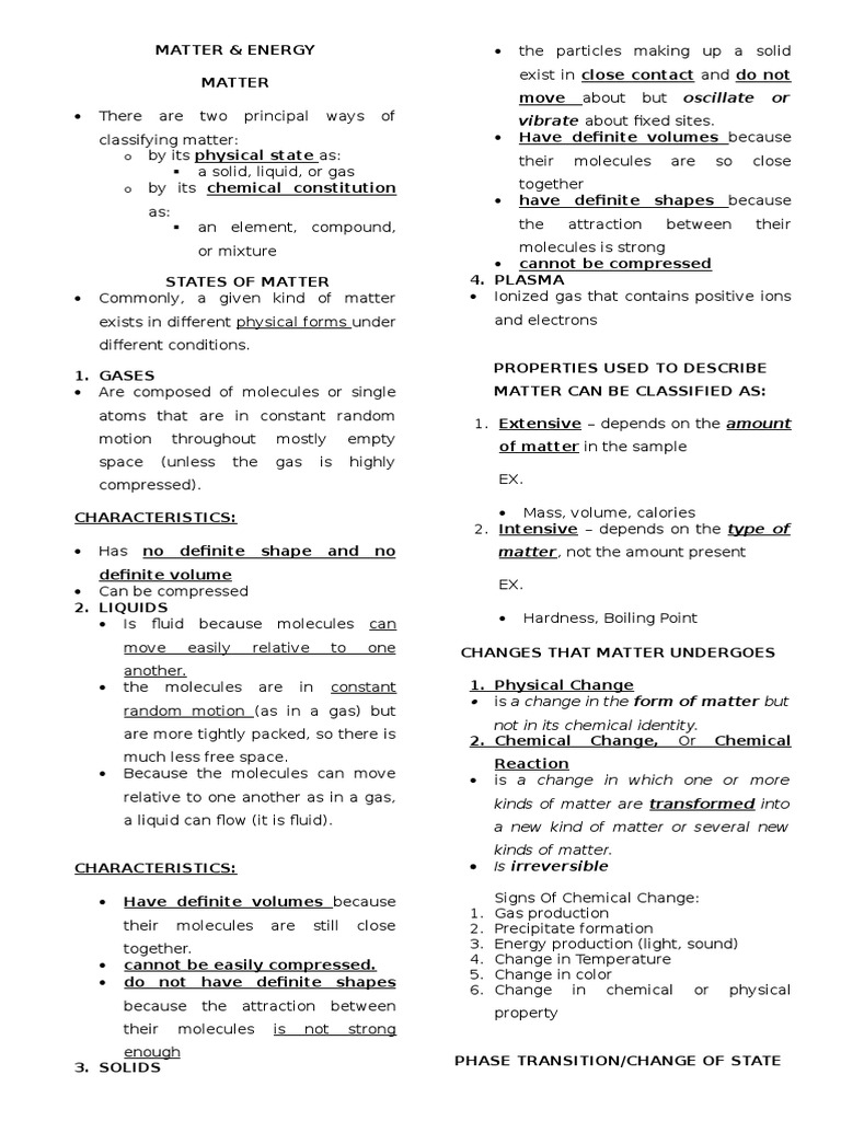 Matter and Energy Notes For Students | PDF