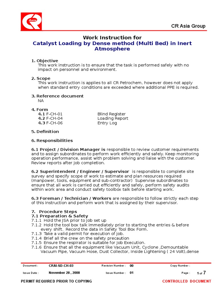 Catalyst Loading Work Instruction Guide | PDF | Housekeeping | Personal ...