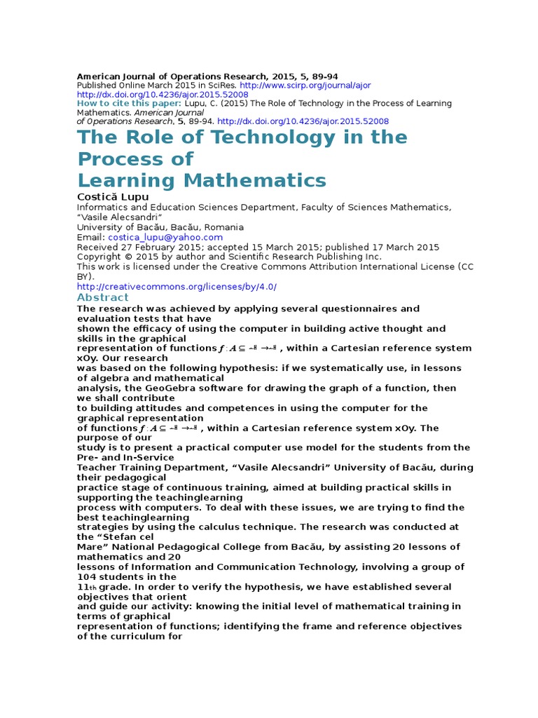 The Role of Technology in The Process of Learning Mathematics | PDF ...