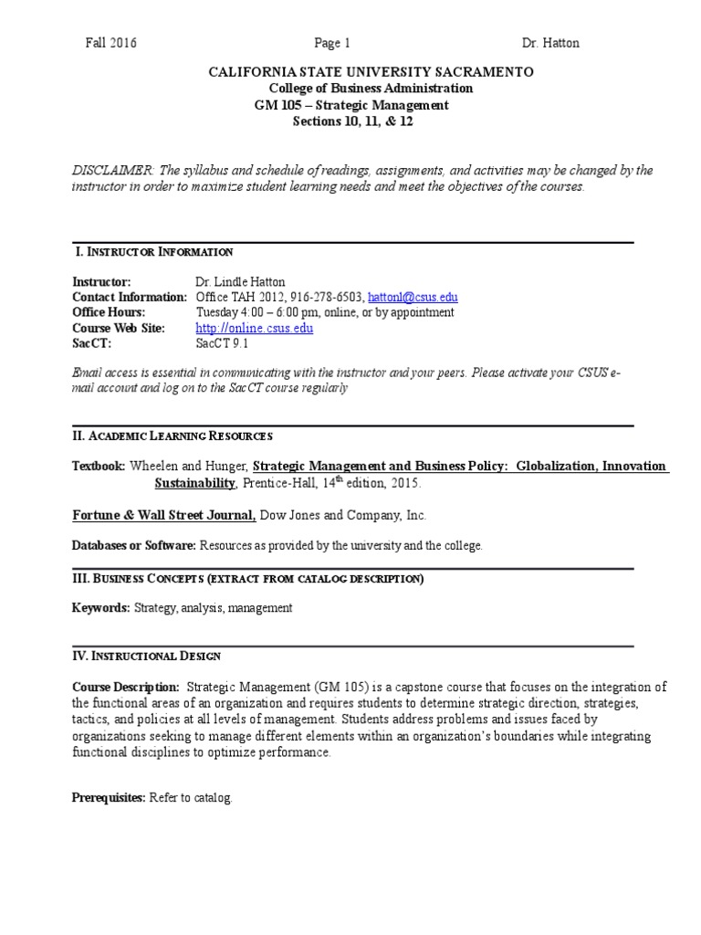 GM 105 Strategic Management Syllabus | PDF | Strategic Management ...