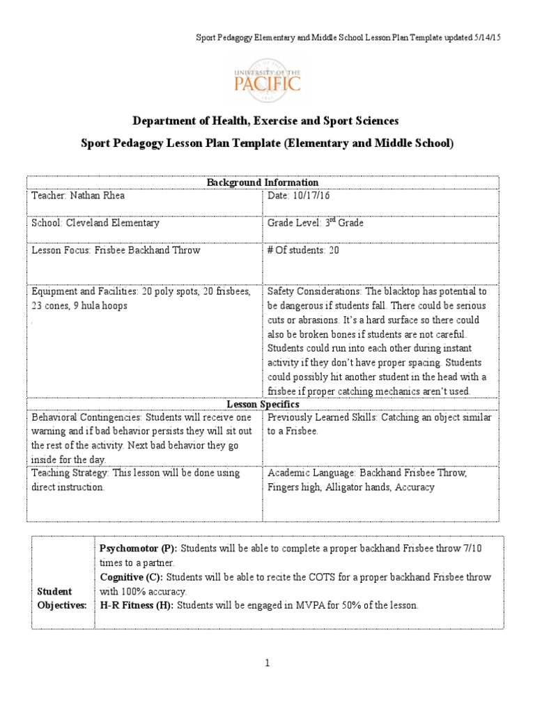 Department of Health, Exercise and Sport Sciences Sport Pedagogy Lesson ...