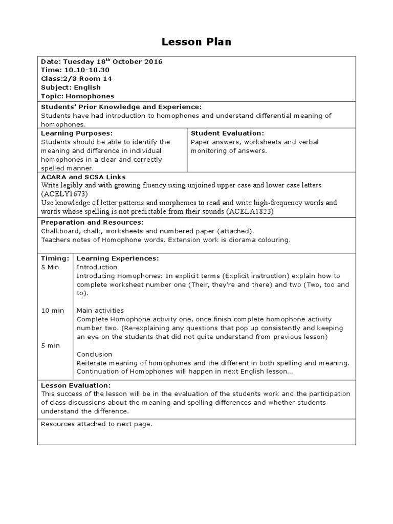 Homophones Lesson Plan for Grade 7 | PDF