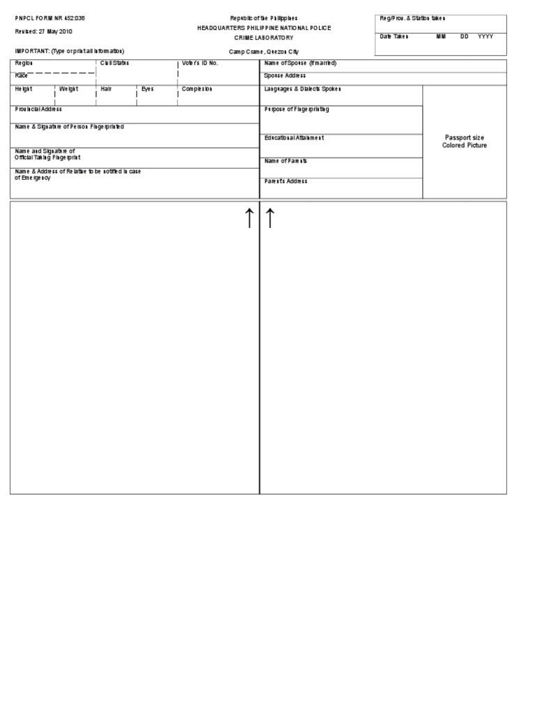 PNP Fingerprint Card Form 452:038 | PDF