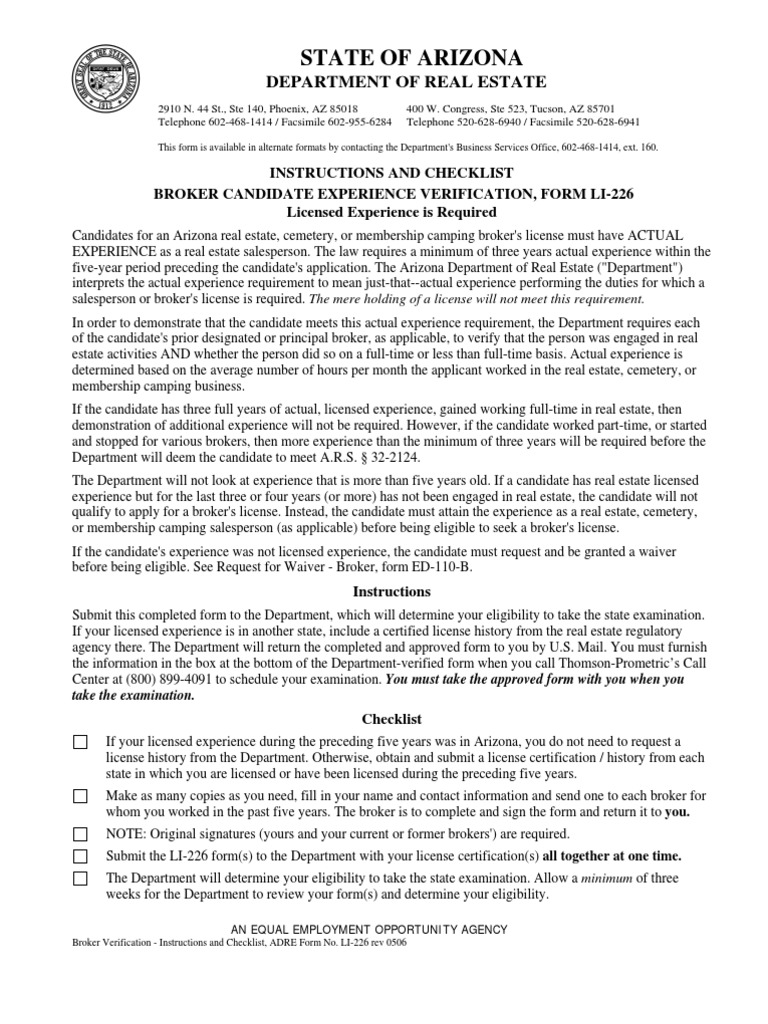 Form LI-226 Broker Candidate Experience Verification | PDF | License ...