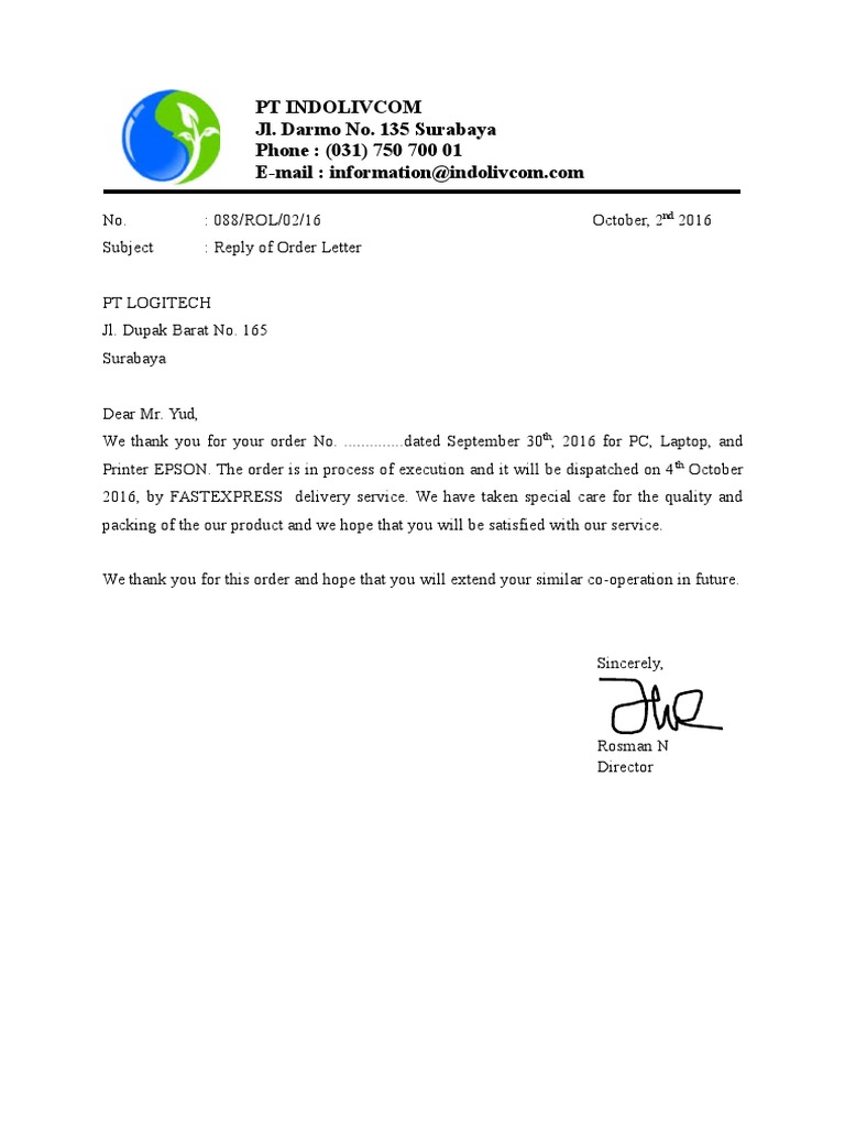 Reply to Order Confirmation Letter | PDF