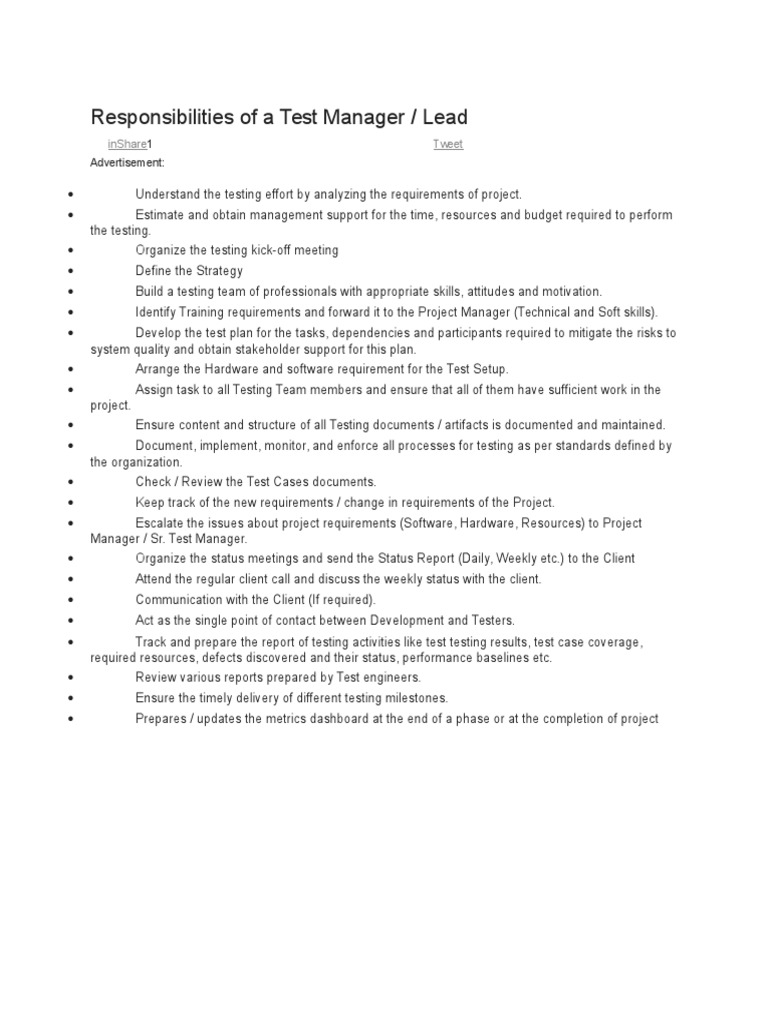 Responsibilities of A Test Manager | PDF | Business