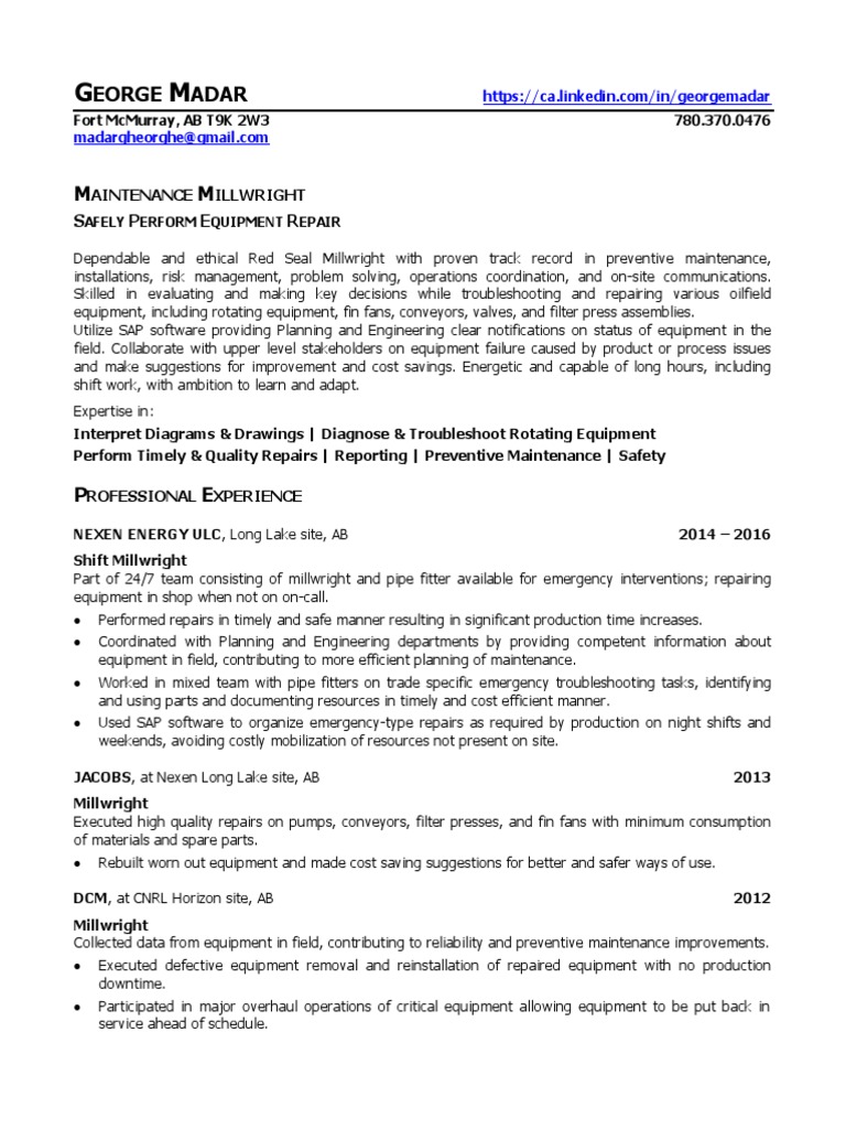Millwright Industrial Mechanic in Alberta Canada Resume George Madar ...