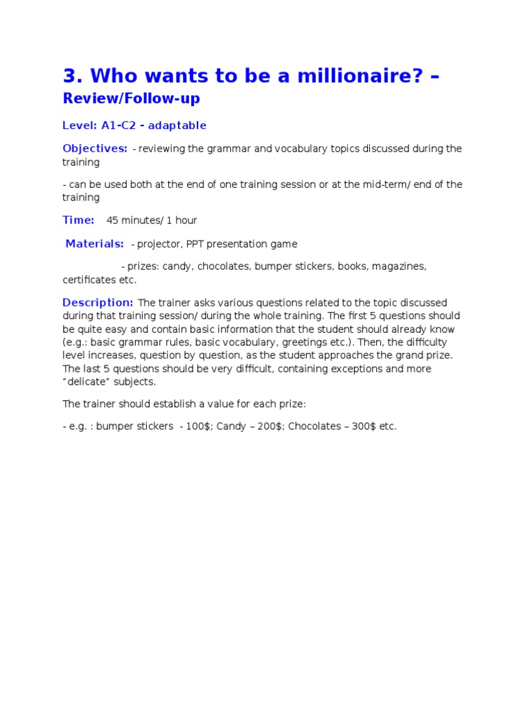 Who Want To Be A Millionaire Activity | PDF