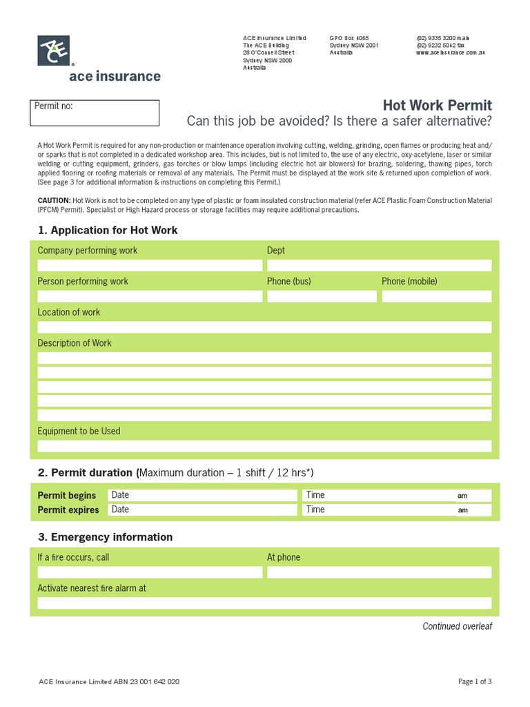 ace-hot-work-permit-application-form.pdf | Safety | Building Engineering