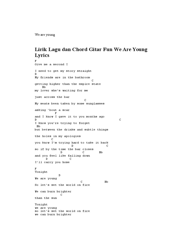 Lirik Lagu Dan Chord Gitar Fun We Are Young Lyrics | Download Free PDF ...