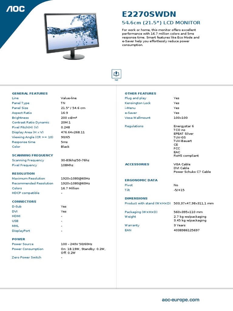 Aoc Monitor E2270SWDN | PDF | Teaching Methods & Materials | Computers
