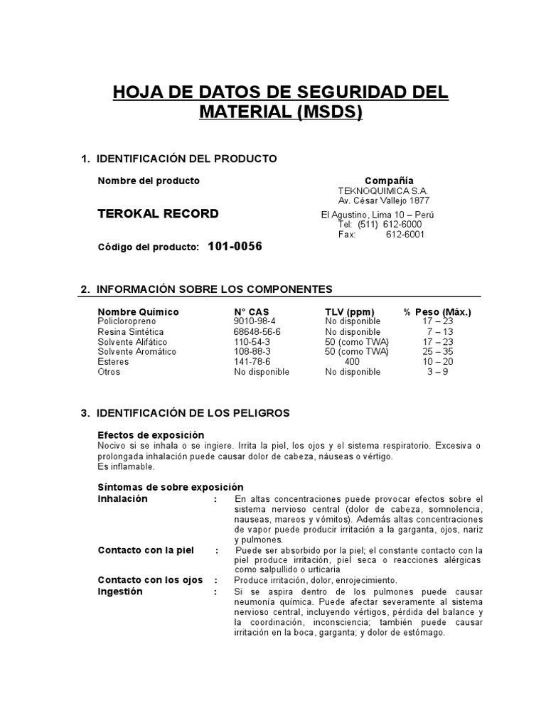 Hoja Msds | PDF | Respiración | Agua