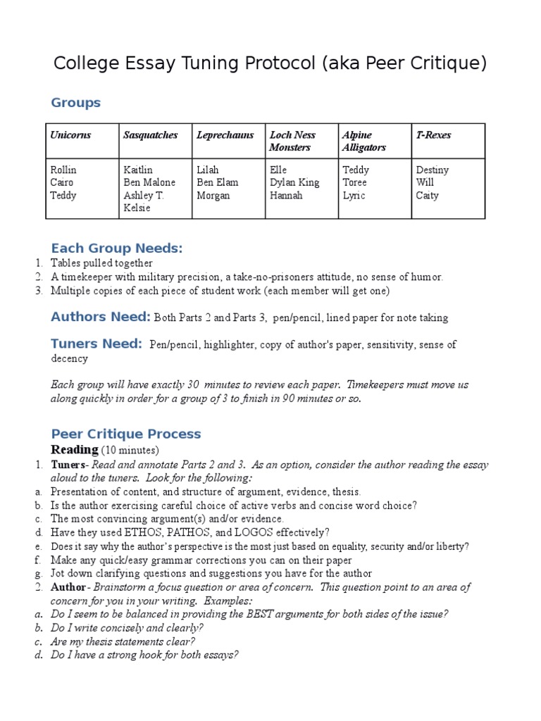 College Essay Tuning Protocol (Aka Peer Critique) : Groups | PDF ...