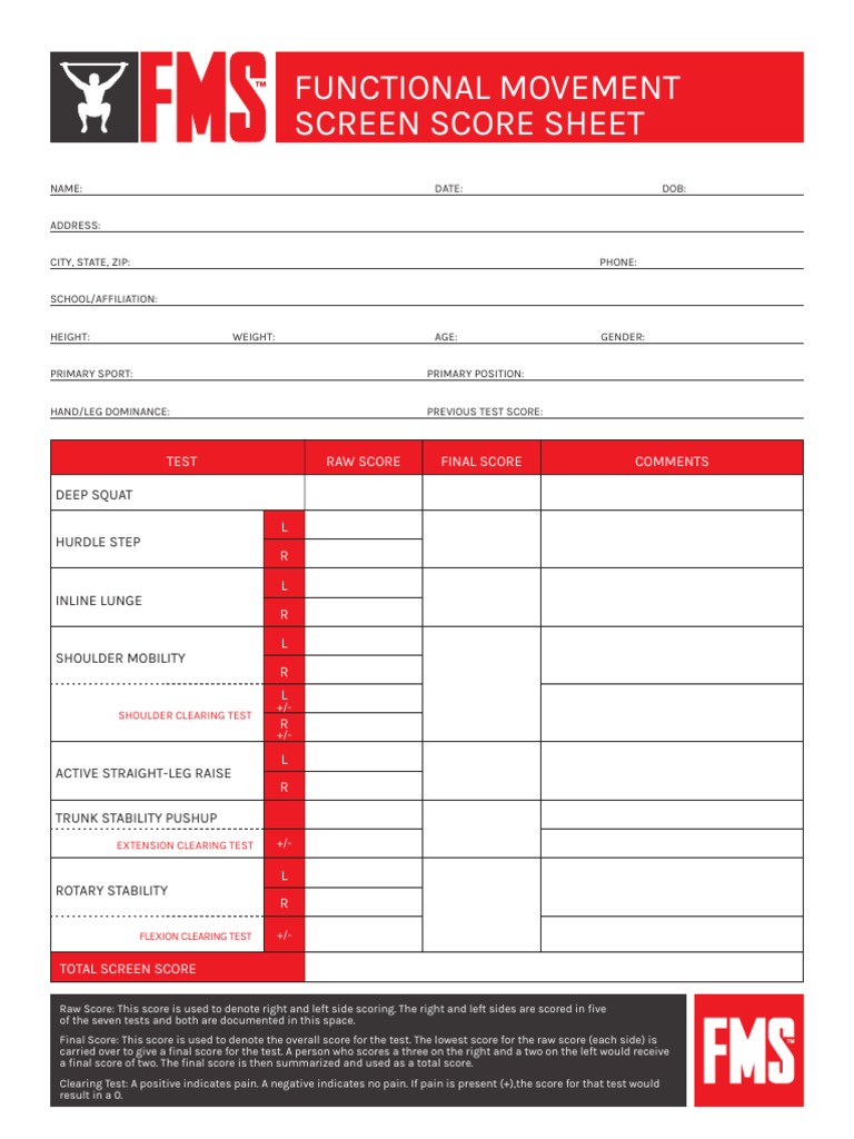 Functional Movement Screen Score Sheet: Test Raw Score Final Score ...