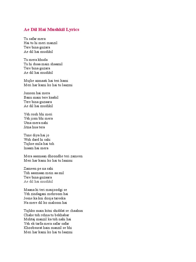 Ae Dil Hai Mushkil Lyrics | PDF