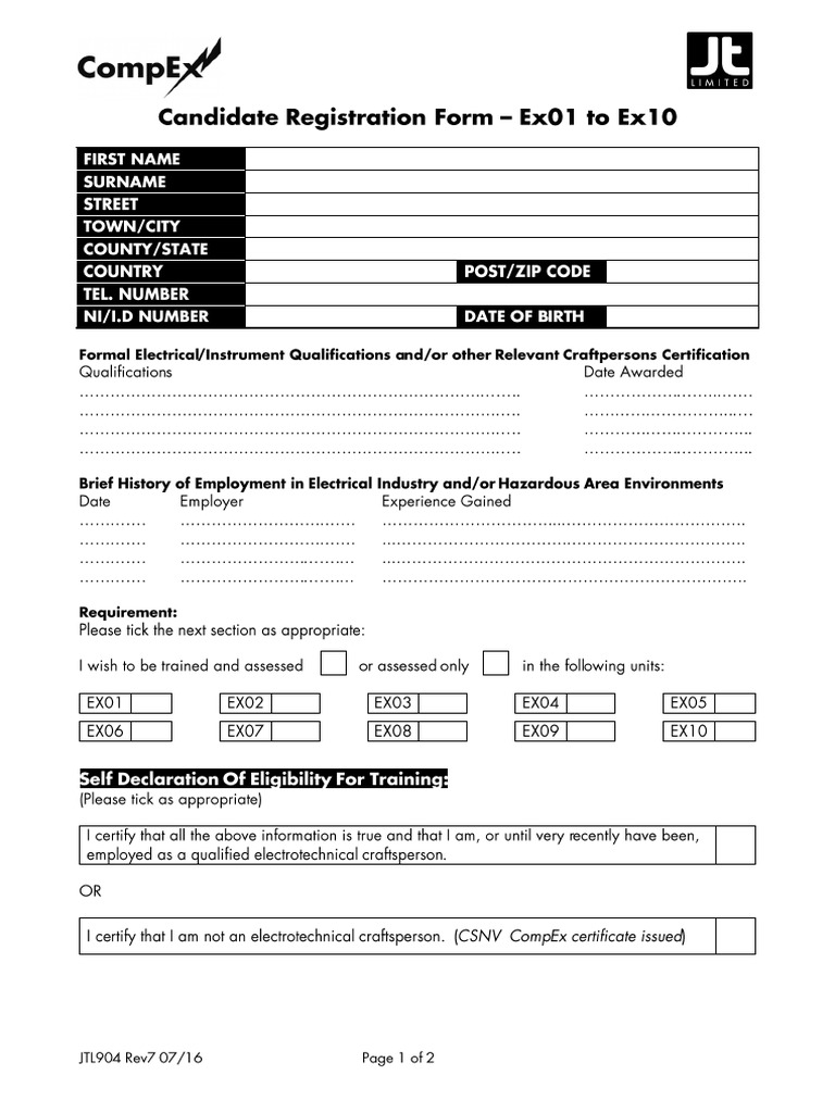 CompEx Registration Form JTL904 | PDF