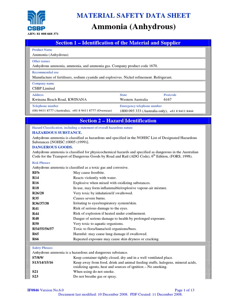 CSBP Msds Amonia | PDF | Ammonia | Dangerous Goods