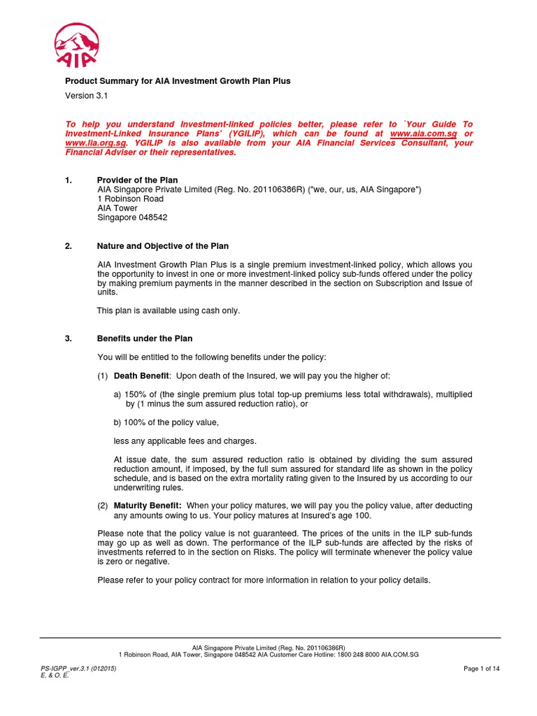 AIA Investment Growth Plan Plus | Download Free PDF | Insurance ...