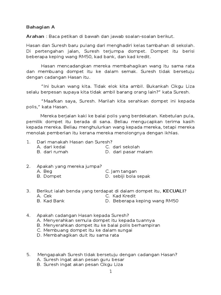 Soalan Peperiksaan Akhir Tahun BM Kertas 1 Kelas Peralihan | PDF