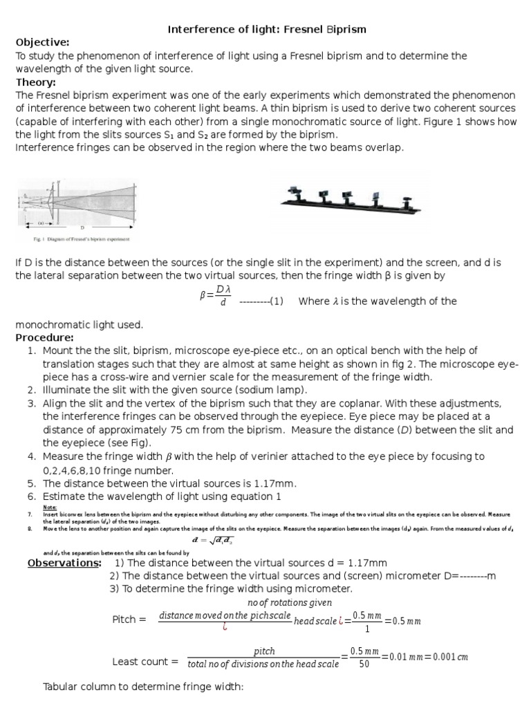 Fresnel Biprism Light Interference Study | PDF | Teaching Methods ...
