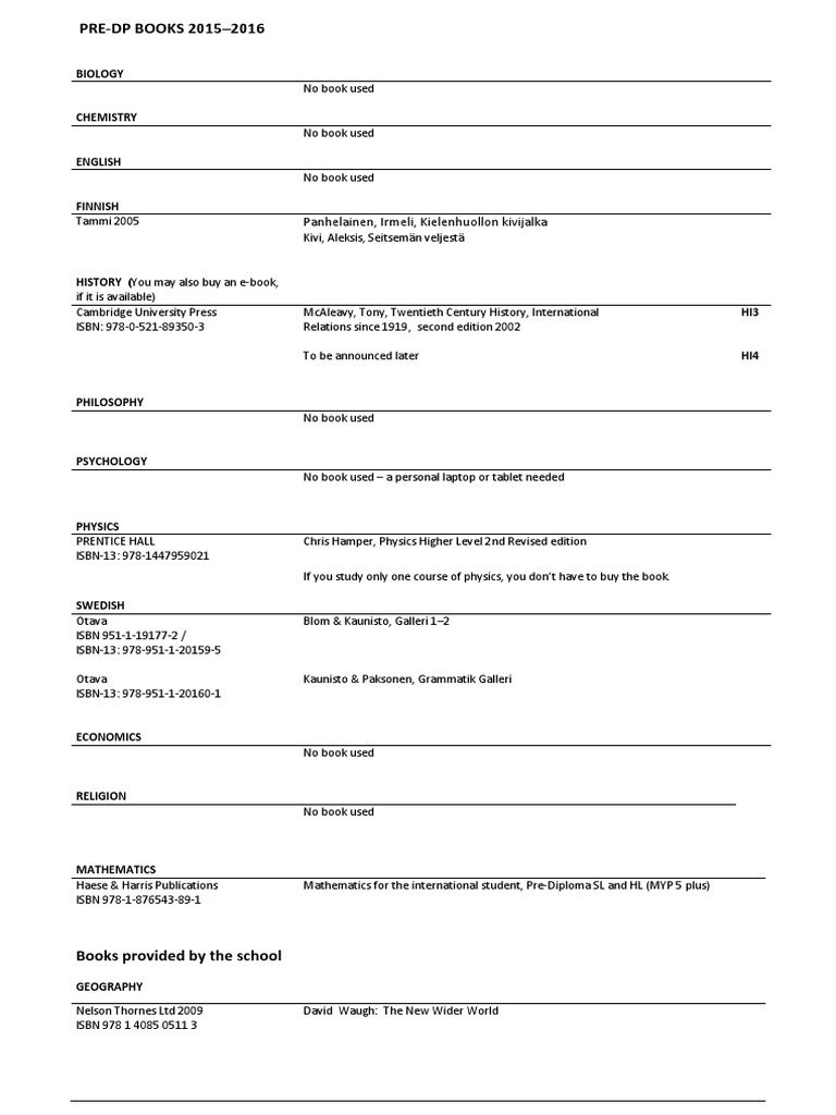 Ib Textbooks 2015-2016 | PDF
