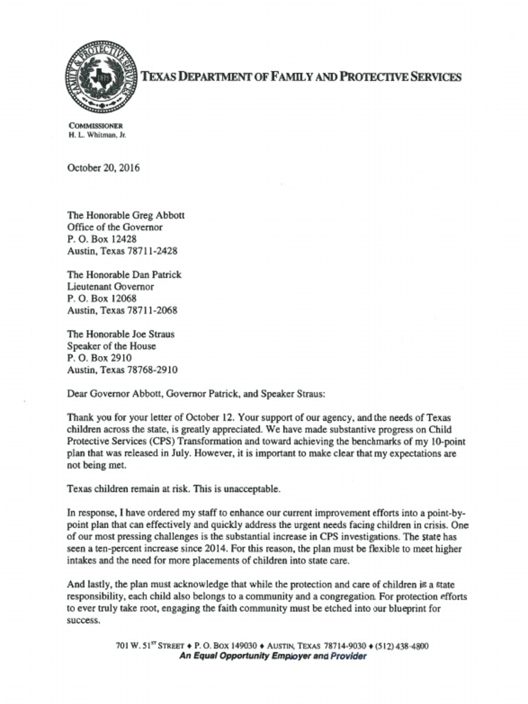 Hank Whitman DFPS Letter