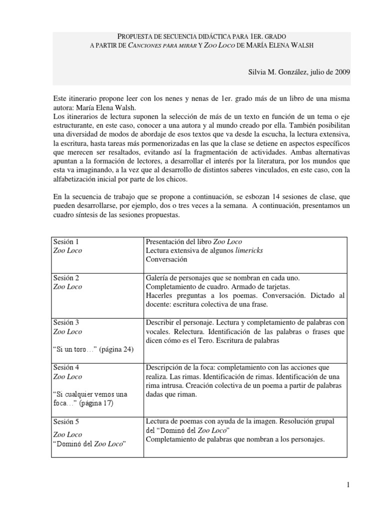 El Zoo Loco Marc3ada Elena Walsh PDF | PDF | Lectura (proceso) | Palabra