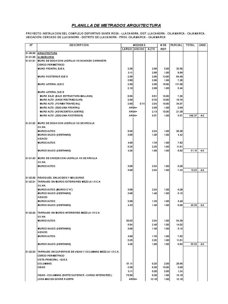 Planilla de Metrados Arquitectura | PDF