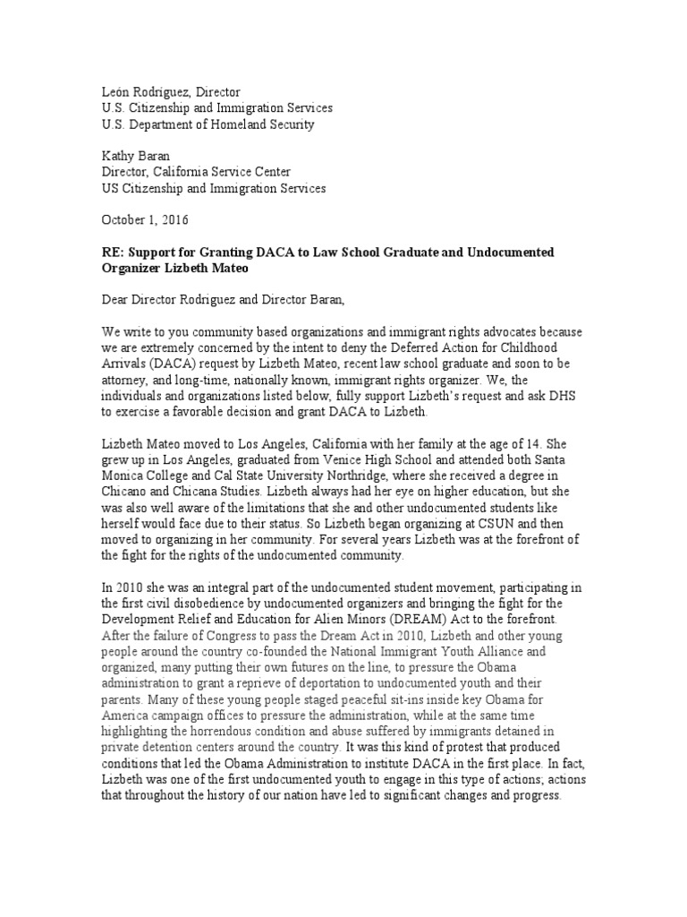 Organization Sign On Letter in Support of Lizbeth Mateo's DACA Request ...