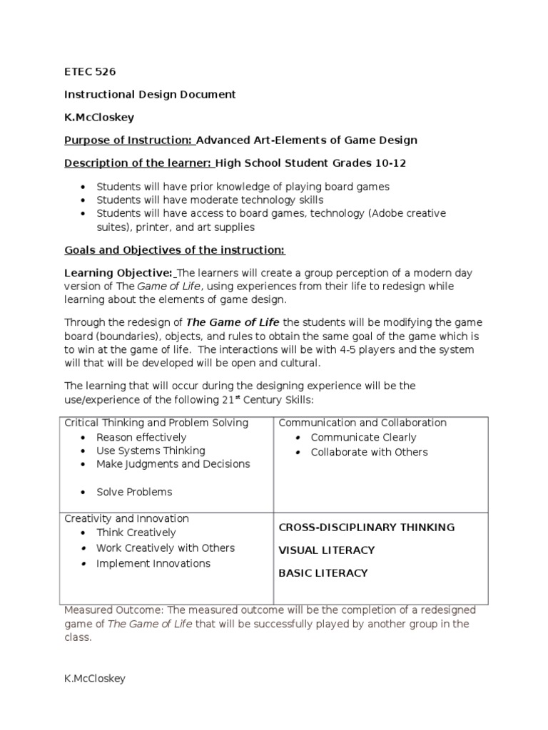 ETEC 526 Game Instructional Design Document | PDF | Instructional ...