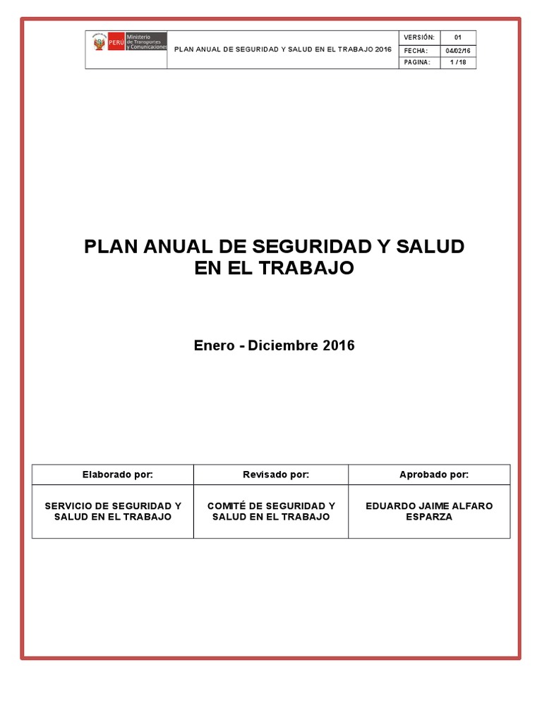 Plan Anual de Seguridad y Salud en el Trabajo - MTC.docx | Labour Law | Safety