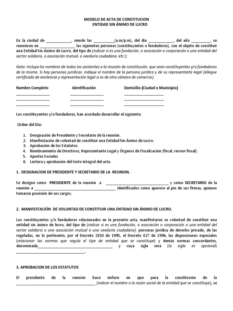 Modelo acta ESAL.pdf | Organización sin ánimo de lucro | Corporaciones