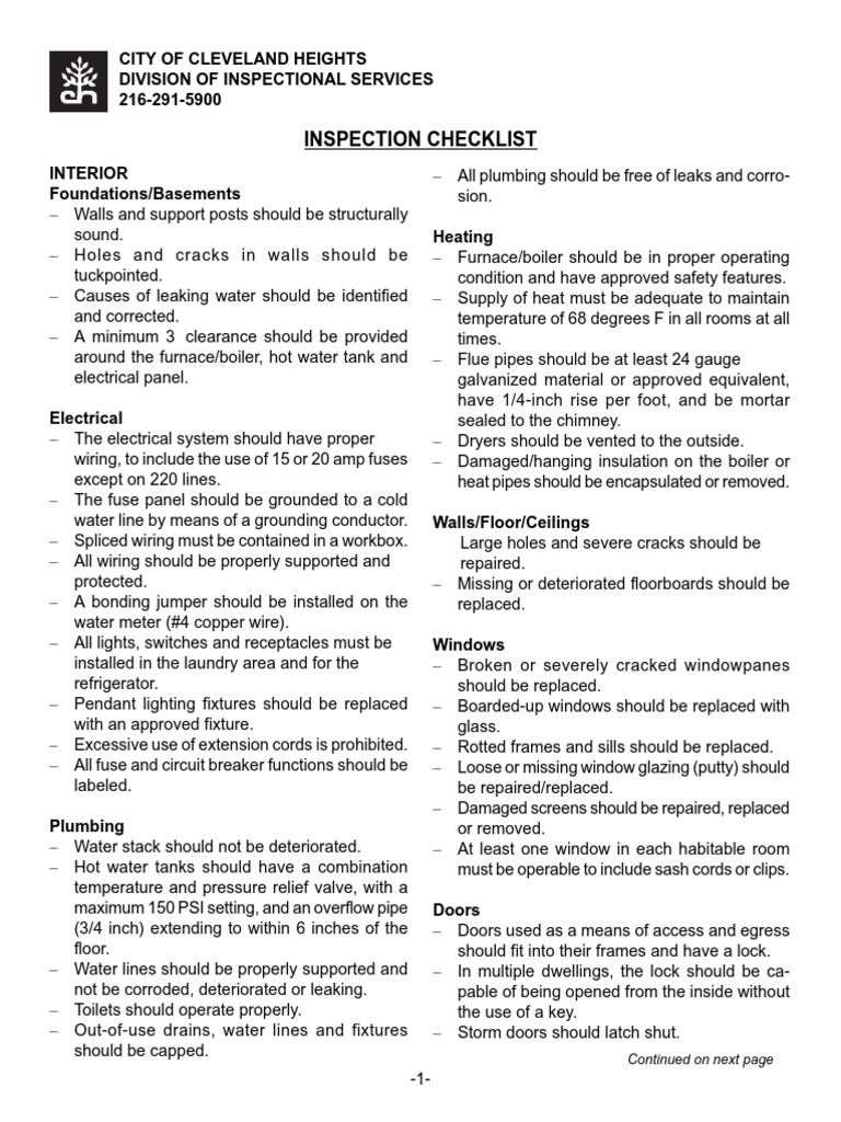 Inspection Checklist: City of Cleveland Heights Division of ...