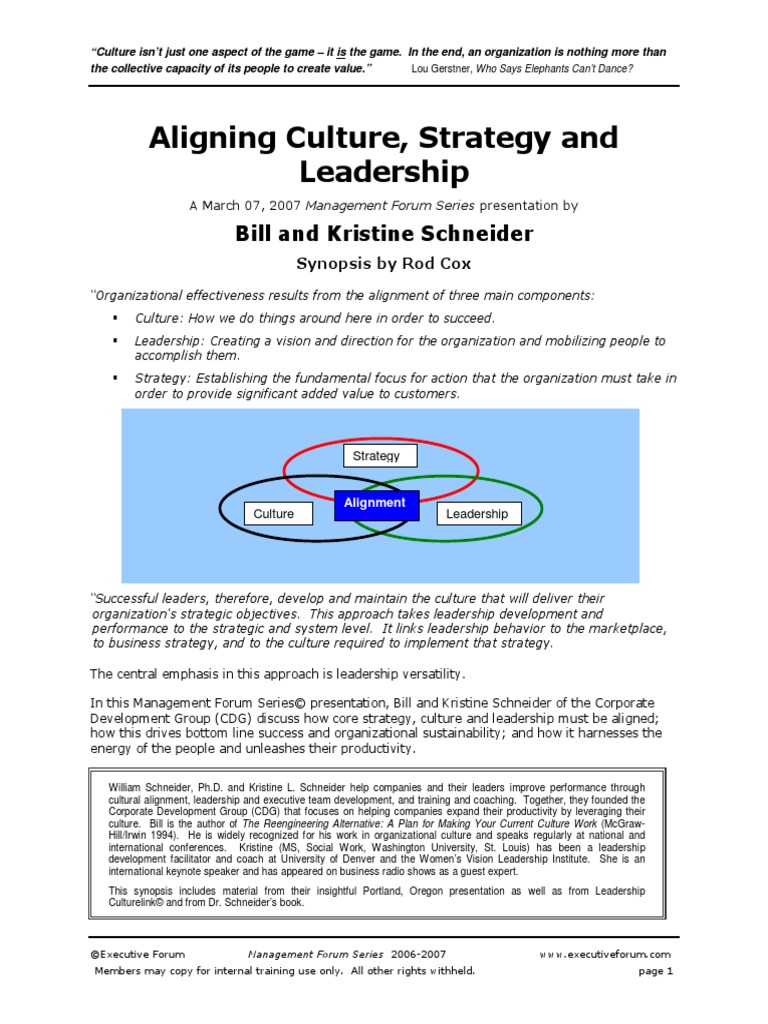 Aligning Culture, Strategy and Leadership - Schneider Synopsis PDF ...