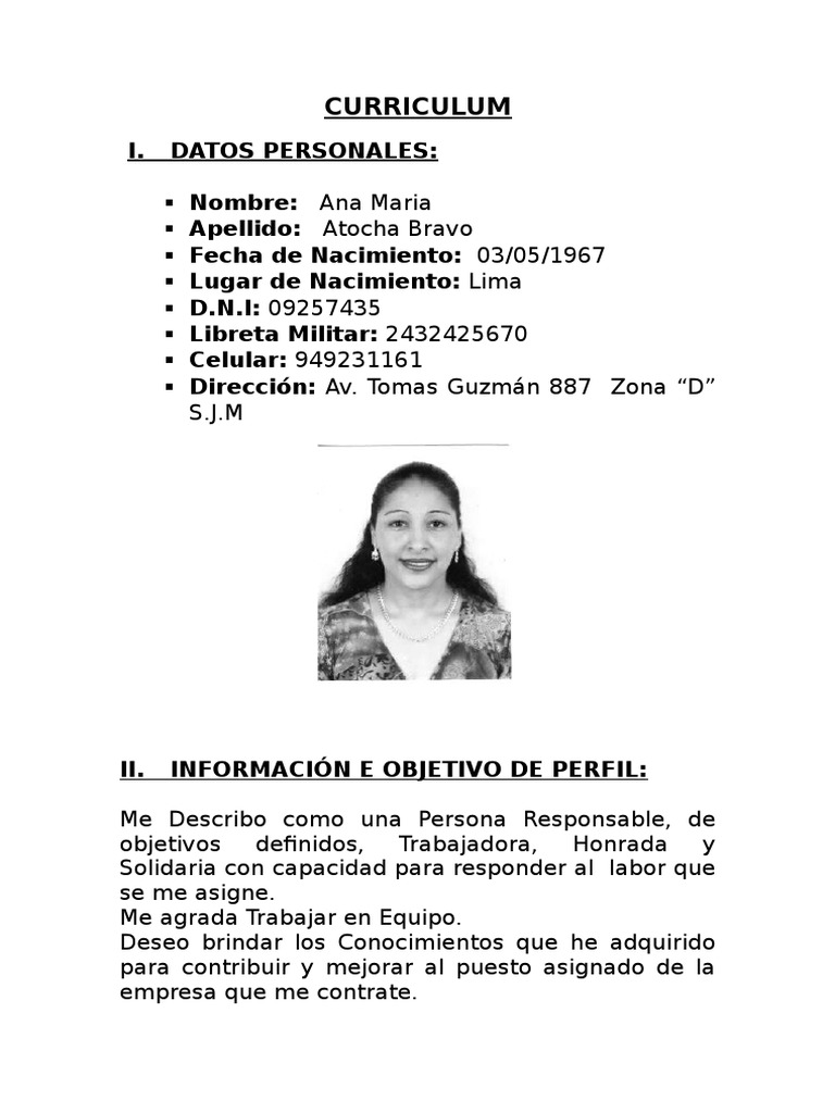 Curriculum Vitae de Ana María Atocha | PDF | Crecimiento personal y ...