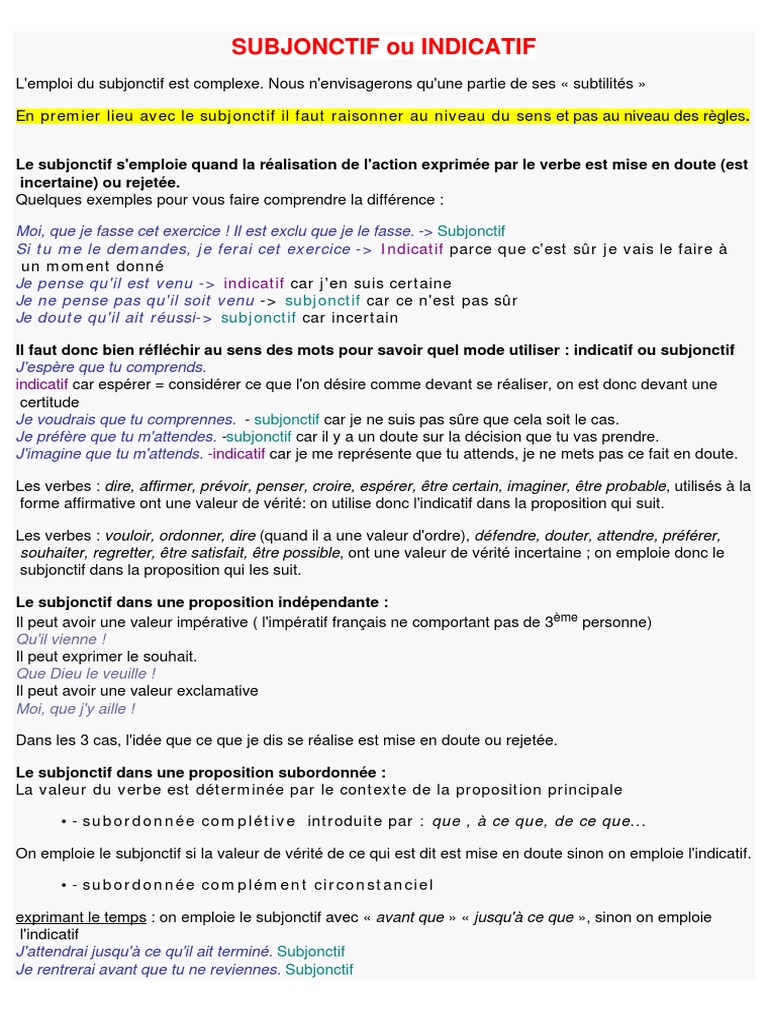 Subjonctif Ou Indicatif | PDF | Clause | Syntaxe